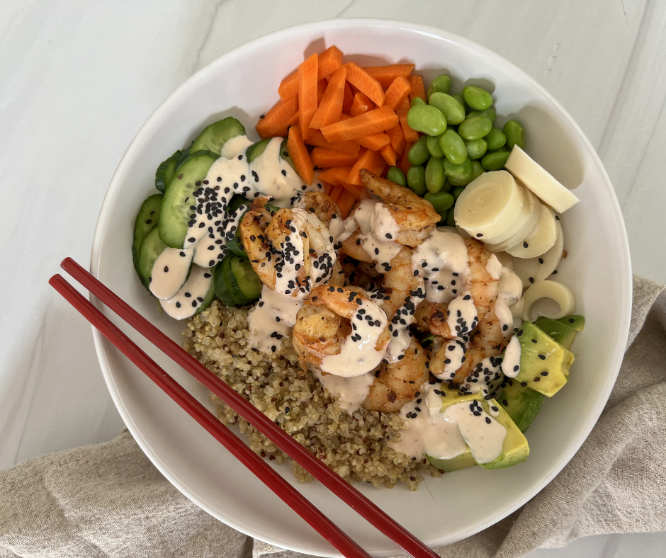 Bowl saludable de camarones y quinoa - La Soleta Arte en Cocina